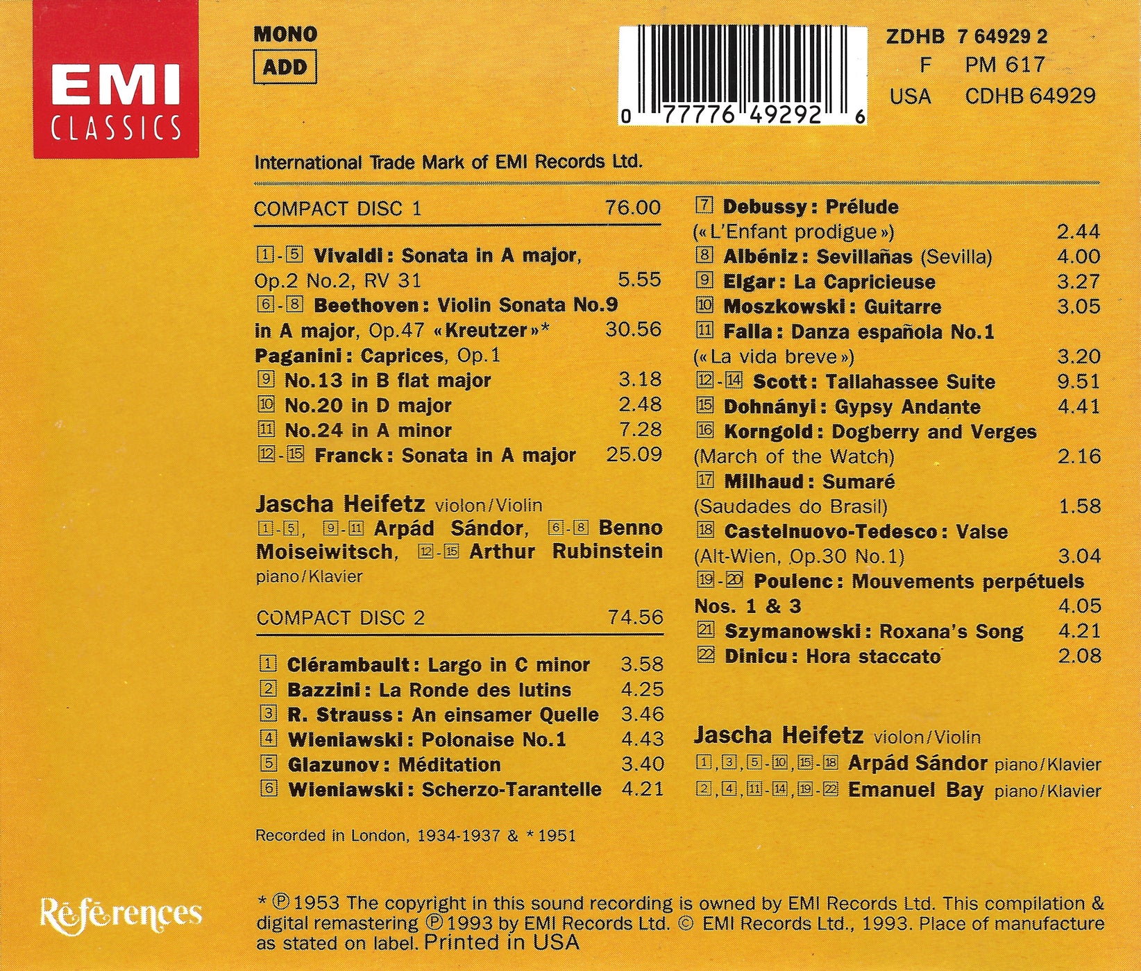 Heifetz: "Kreutzer" + short works - EMI ZDHB 7 64...